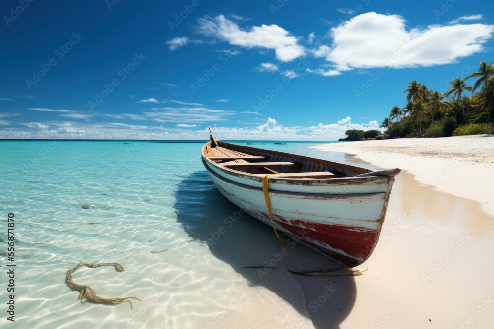 Canoe on the tropical sandy beach. Beautiful summer landscape of ...