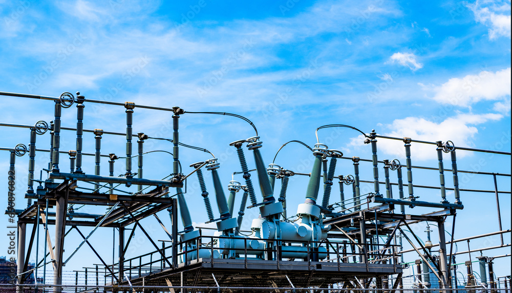 electricity power line transformer. voltage substation or transmission ...