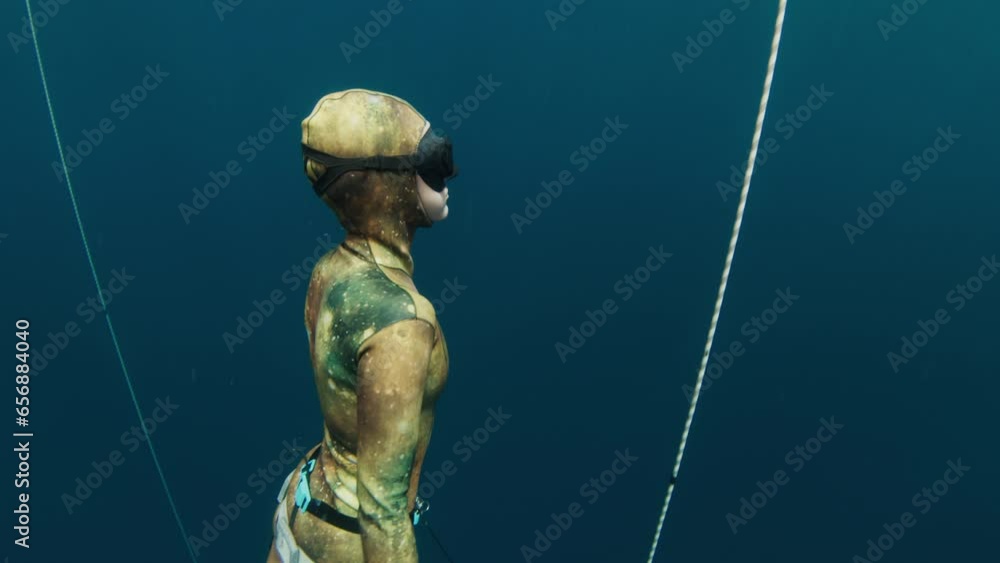 Freediving on the rope in a sea. Female freediver slowly ascends along ...