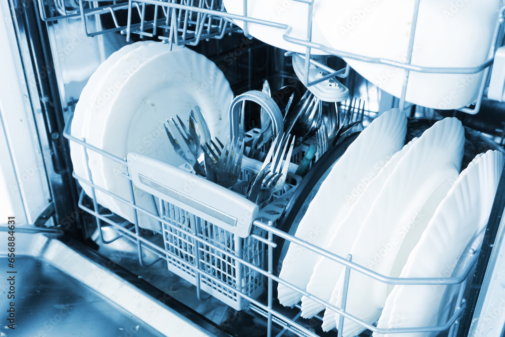 Inside dishwasher view. Washing dishes background. Full shelf with load ...