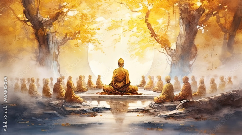 Buddha Enlightenment meditating sitting with crowd of monk under bodhi ...