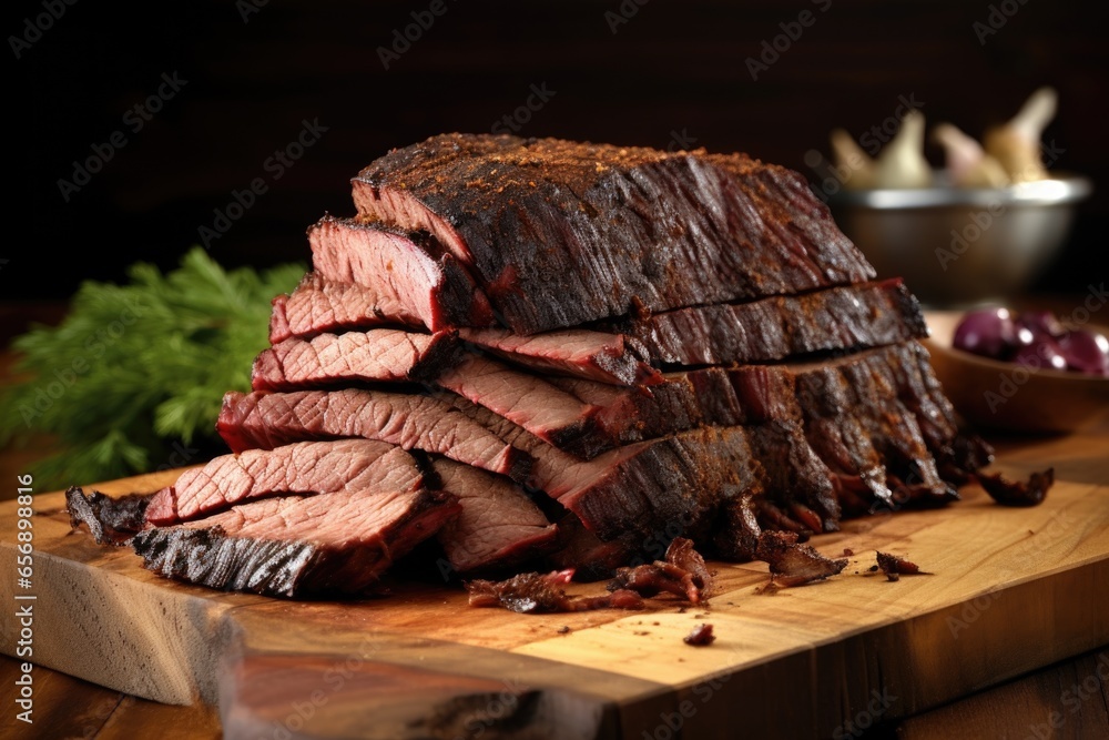 pile of bbq brisket on a well-worn butcher block Stock Photo | Adobe Stock