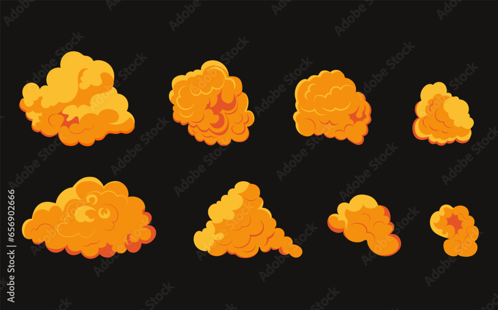 Smoke explosion animation of an explosion with comic flying clouds. Set ...