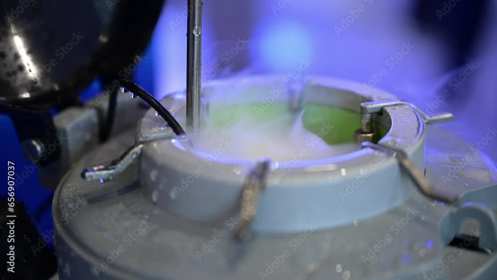 Steam and gases of liquid nitrogen come from an open pressure vessel ...