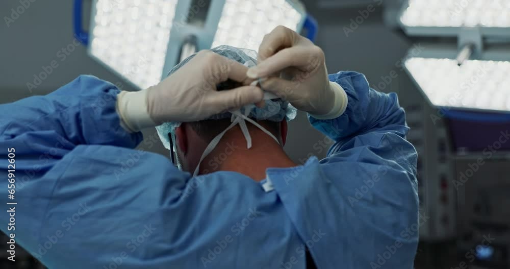 Surgery, hospital and doctor tie mask in operating room for medical ...