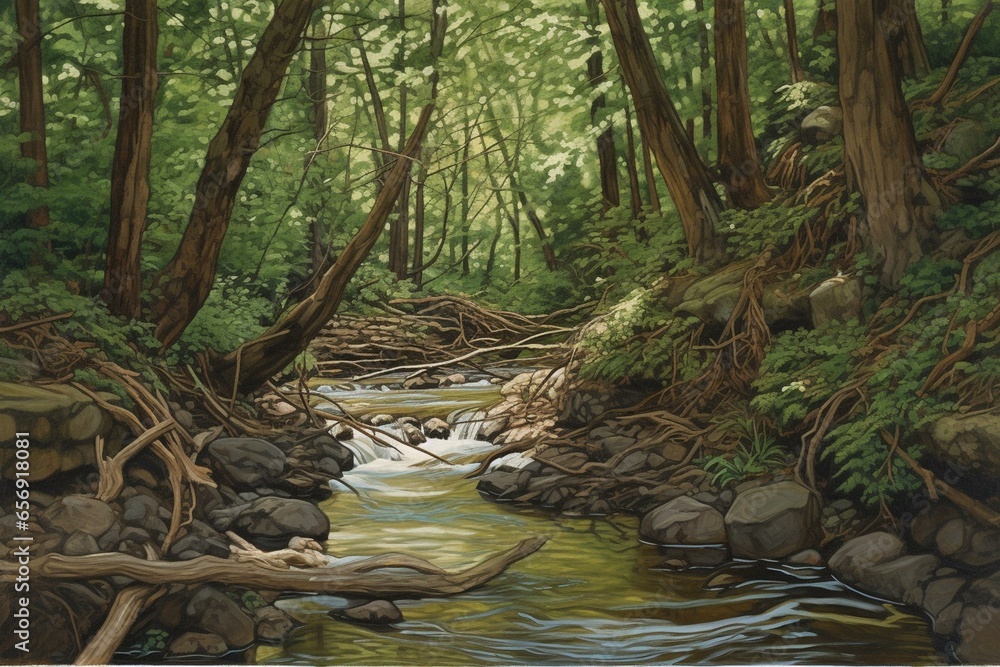 an artwork depicting a wooded area intersected by a flowing stream ...