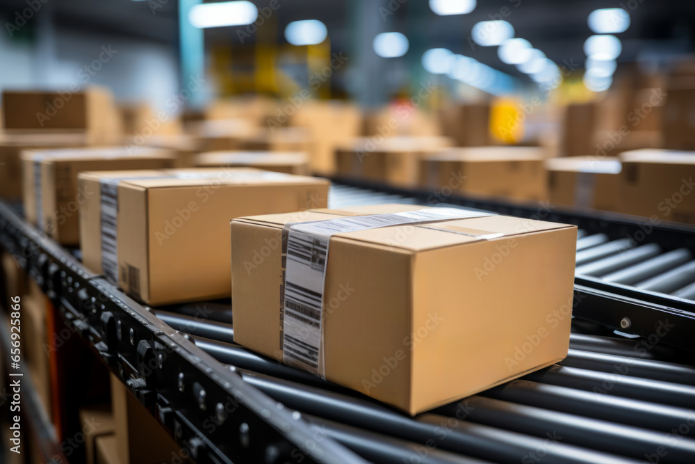 Cardboard boxes on roller conveyor at warehouse. Shipment boxes ...