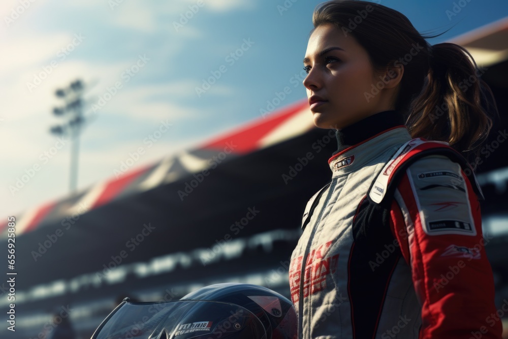 A woman wearing a racing suit is shown holding a helmet. This image can ...