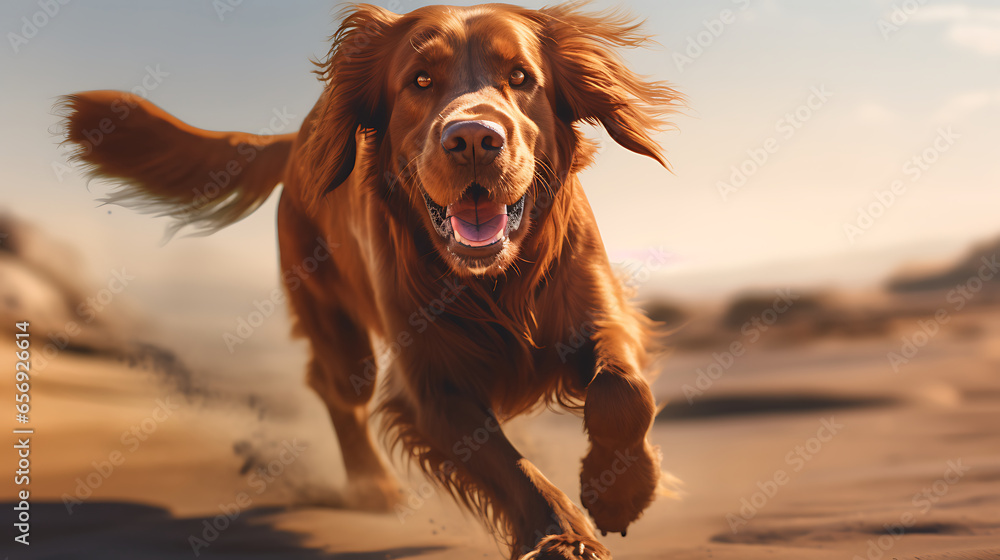Dog, the red Irish Setter, bounding along the sandy beach, his fur ...