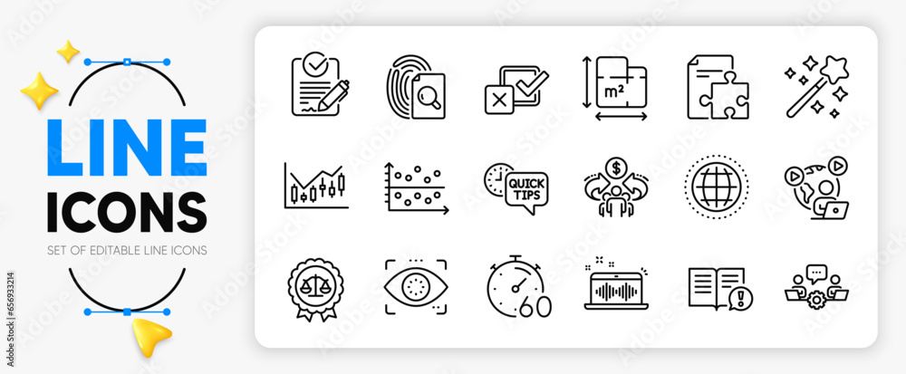 Dot plot, Inspect and Justice scales line icons set for app include ...