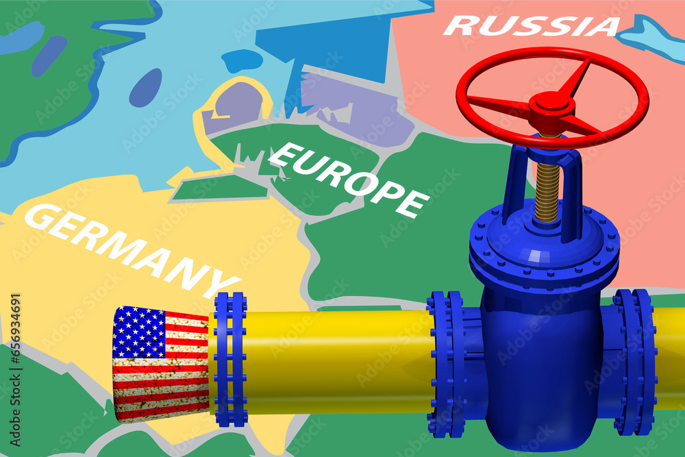 Gas pipe of Russia with a closed plug, texture of the USA against the ...
