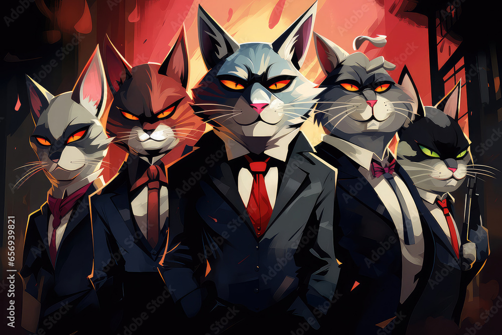 Abstract illustration of funny cartoon group of gangster cats Stock ...