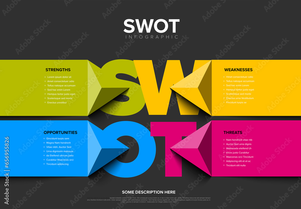 Dark color SWOT diagram schema template with big triangle arrows on ...