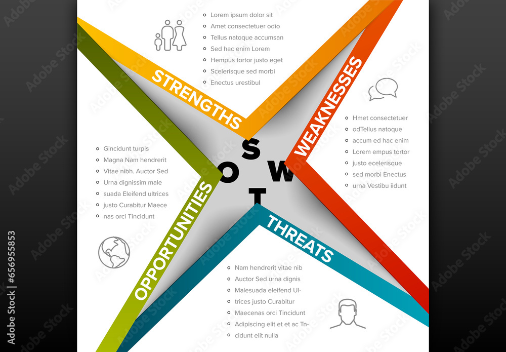 White paper squares with color borders SWOT diagram schema template ...