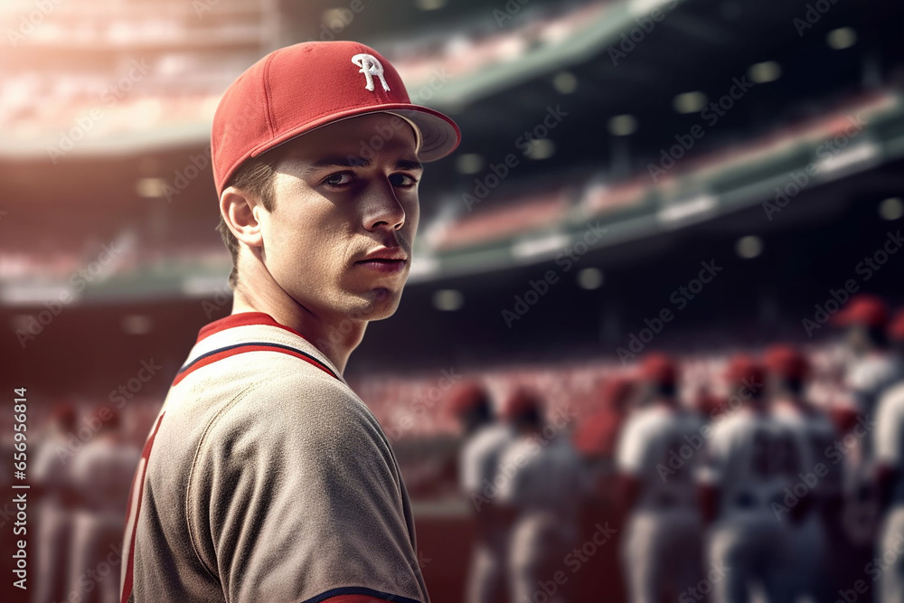 Back view of a baseball player with a blurry stadium as background ...