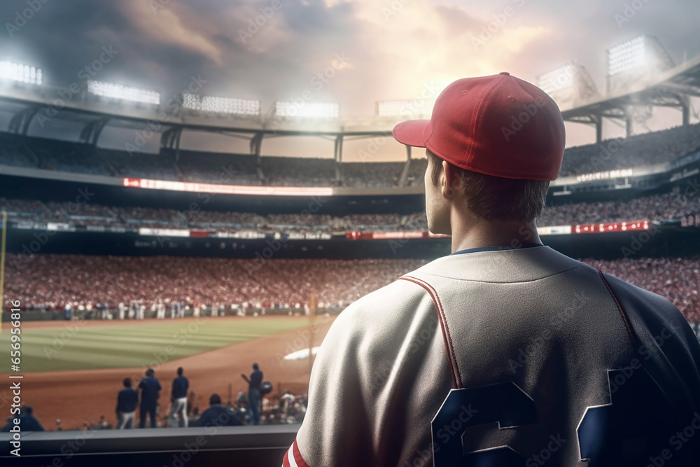 Back view of a baseball player with a blurry stadium as background ...