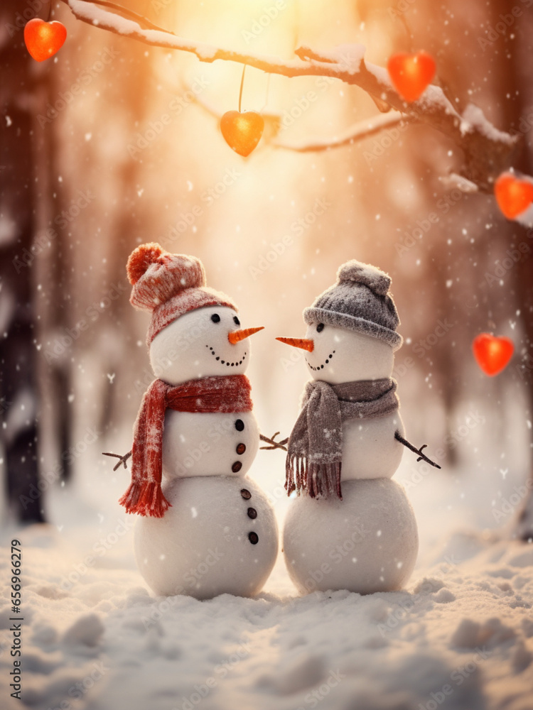 The snowman couple stood tall, facing one another, kissing, carrot ...