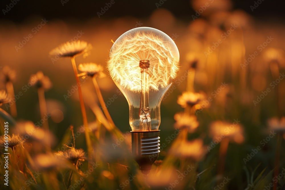 a lightbulb brightly illuminating, casting a warm, gentle glow that ...