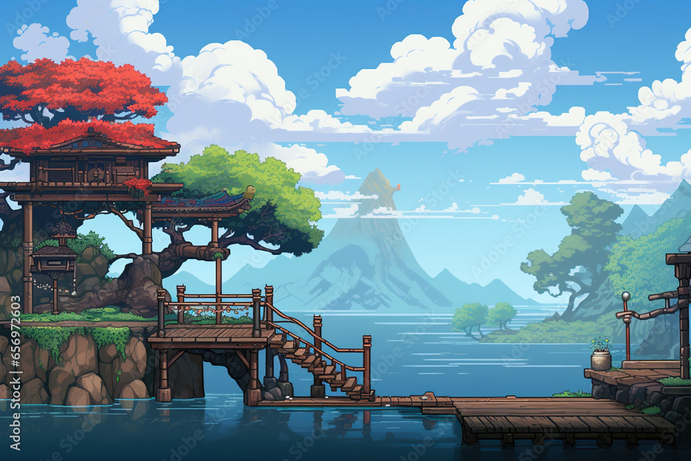 Pixel art video game backround wallpaper with Generative AI Stock ...