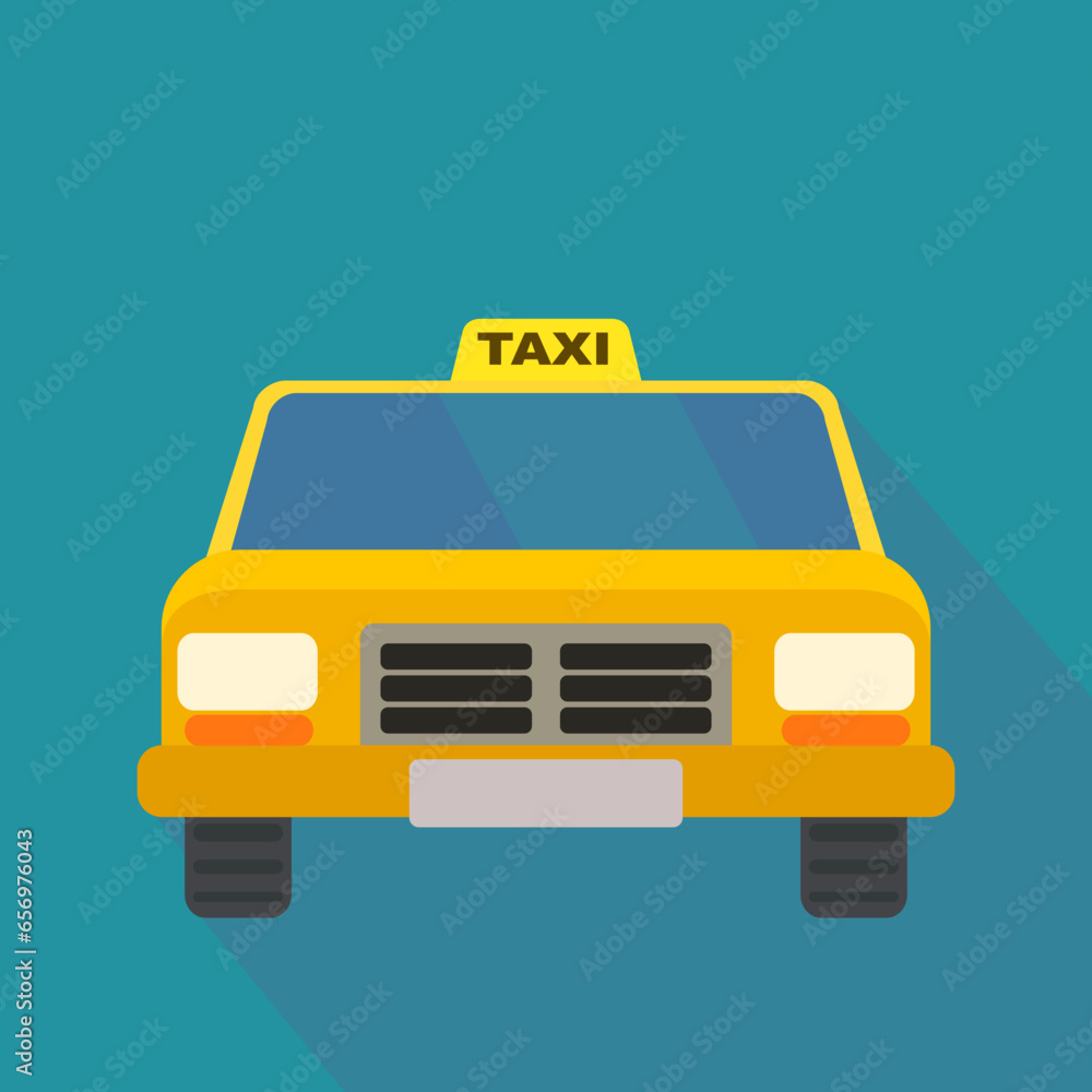 Yellow taxi front view with its roof sign in the middle of a blue ...