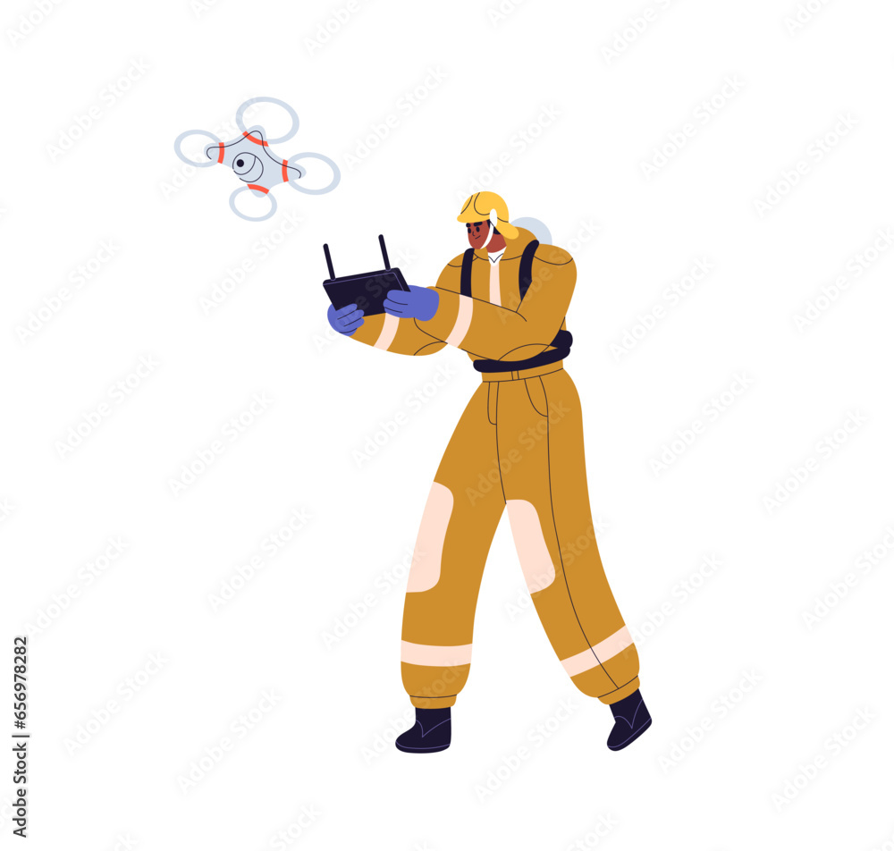 Emergency worker using copter for firefighting, fire detecting ...