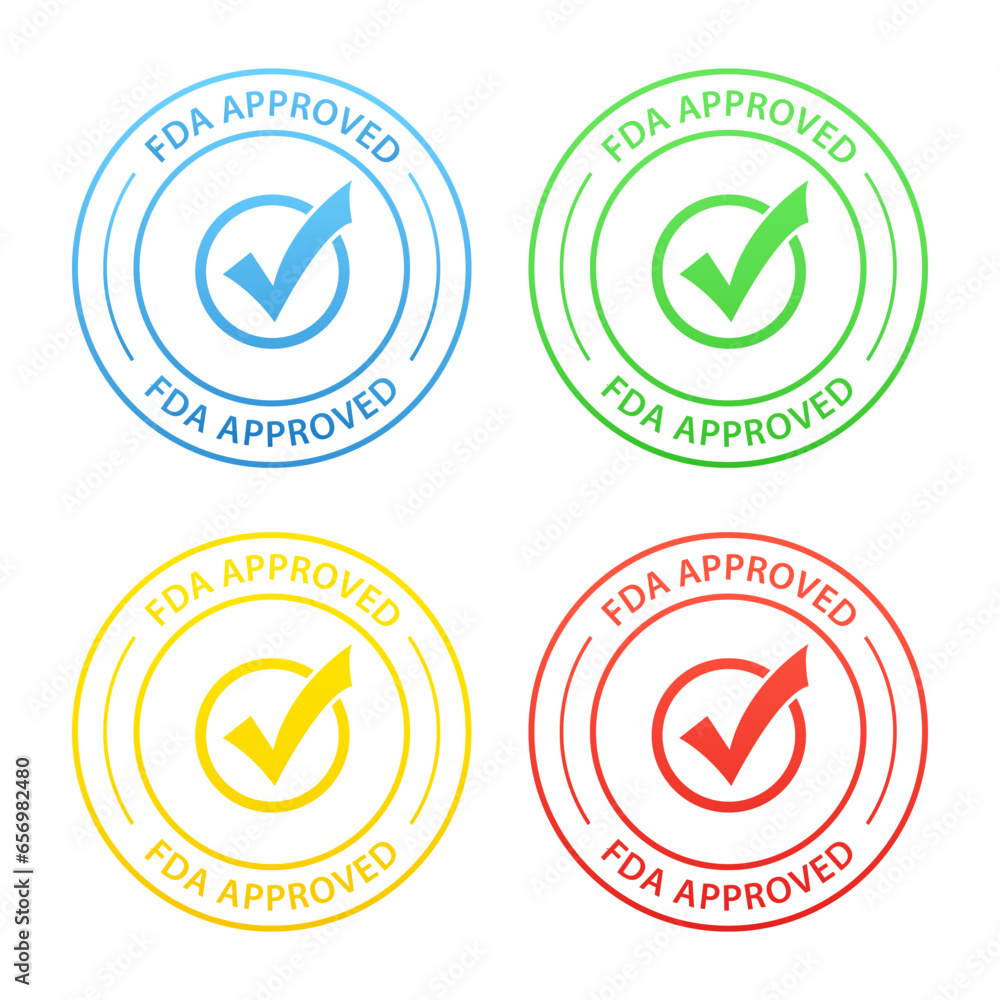 FDA approved green, blue, yellow, red, label on white background. Flat ...