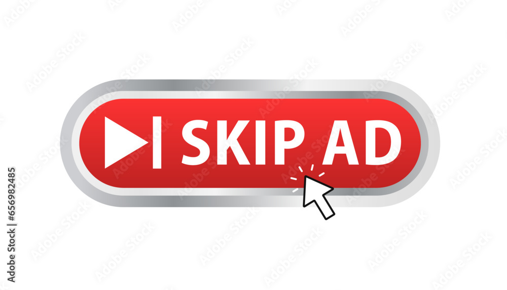 Skip ad red button on white background. Mouse cursor. Flat 3D button. Buttons for the design of ...