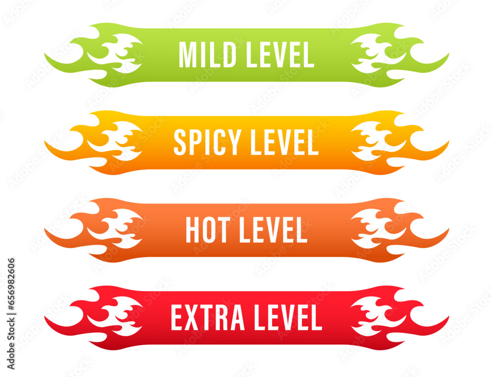 Hot spicy level labels of vector jalapeno, chili, cayenne peppers with ... Hot spicy level labels of vector jalapeno, chili, cayenne peppers with ...