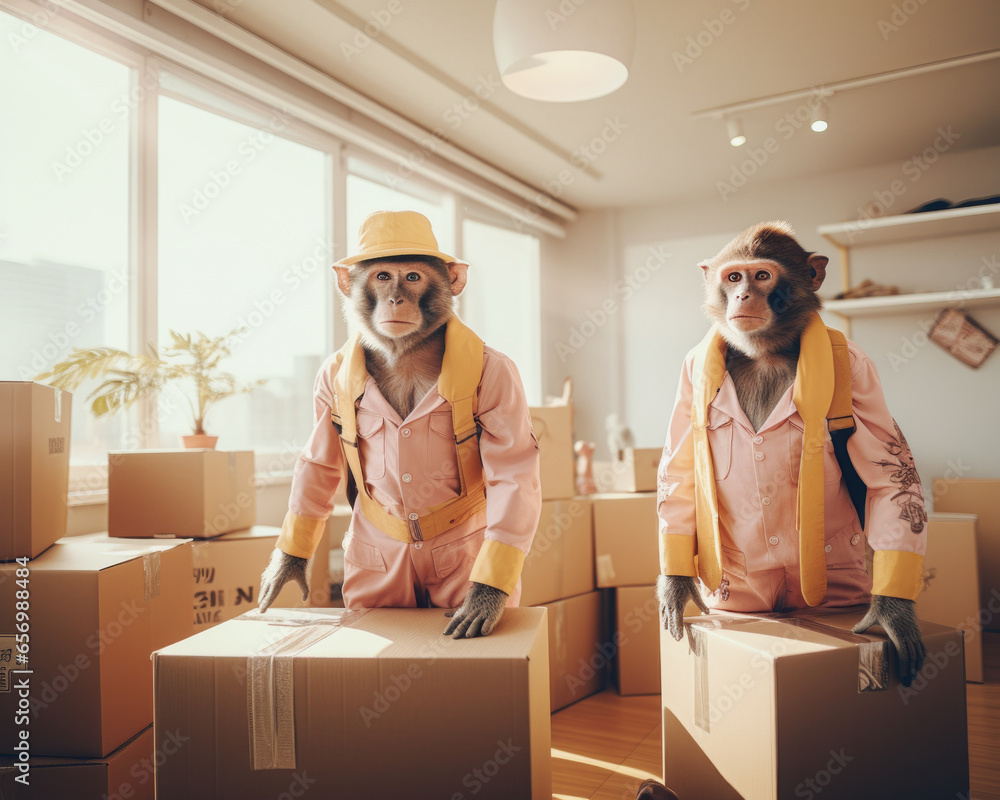 Moving official monkey workers indoors, unloading boxes, and carrying ...