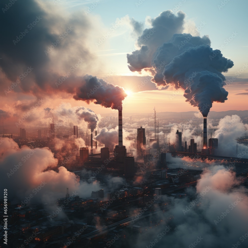 Factories emit smoke pollution and cause air pollution in the afternoon ...