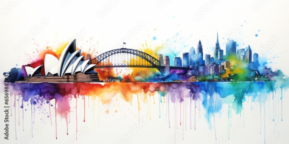 Rainbow Aquarelle Silhouette of Sydney's Iconic Cityscape, Showcasing ...