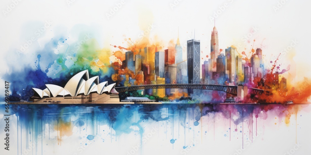 Rainbow Aquarelle Silhouette of Sydney's Iconic Cityscape, Showcasing ...