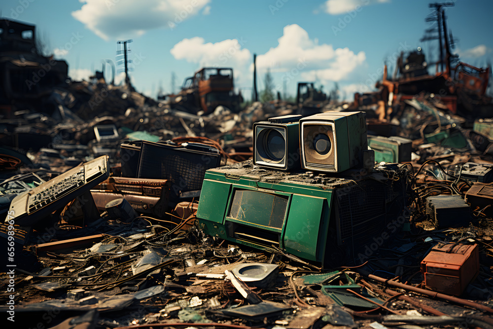 Image of e-waste dump, parts of electronic waste. Stock Photo | Adobe Stock