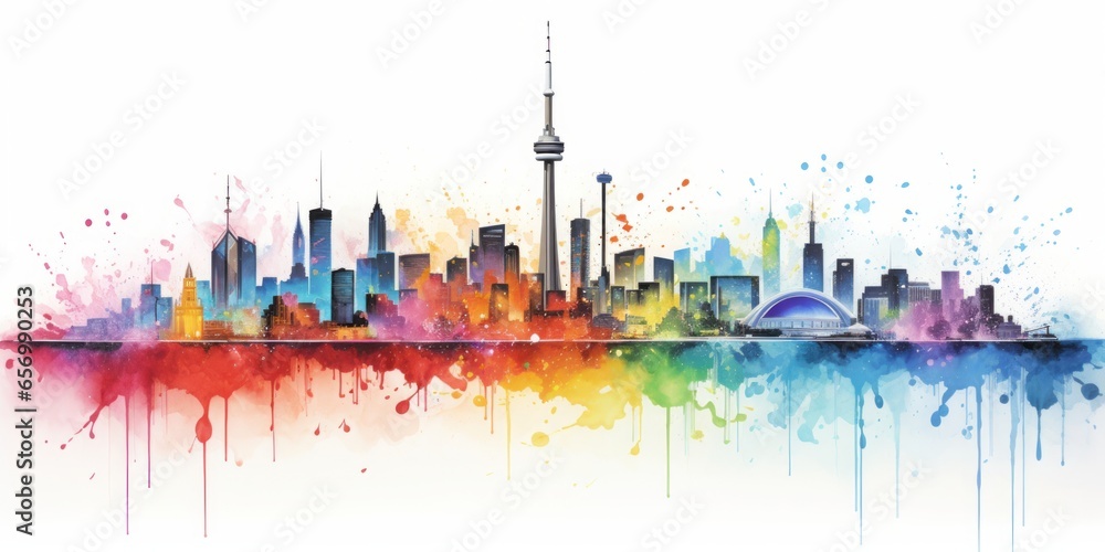 Rainbow Aquarelle Silhouette of Toronto's Iconic Cityscape, Showcasing ...