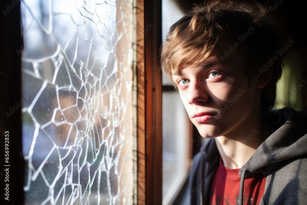 teen boy looking away in front of broken window Stock Photo | Adobe Stock