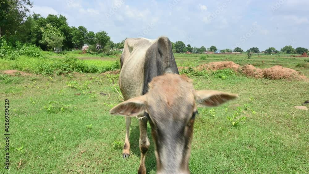 The calf is grazing in the green field. Indian calf in the field. Cute ...