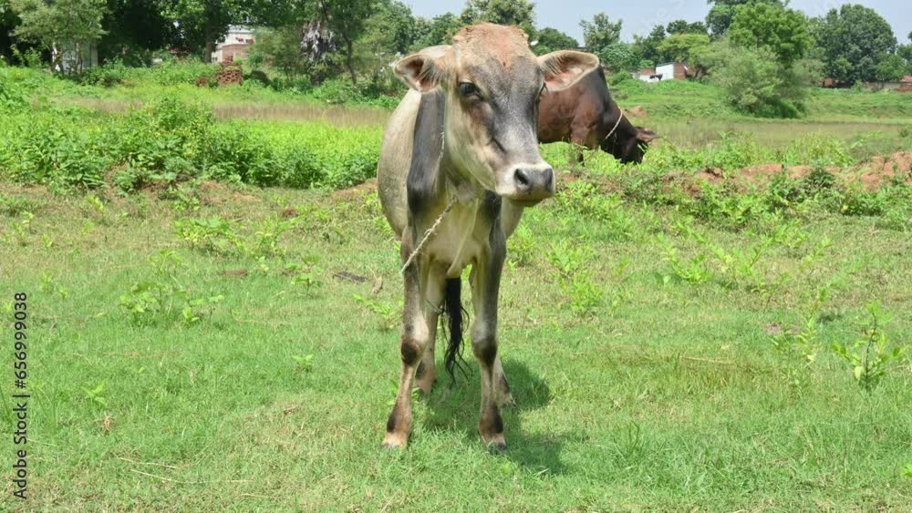 The calf is grazing in the green field. Indian calf in the field. Cute ...