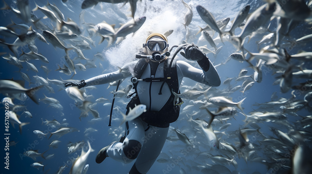 Diver diving with fish He was wearing a diving suit with an oxygen tank ...