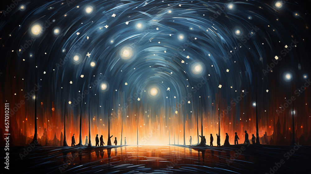 Starry Communion": Figures gather beneath a starlit sky, finding solace ...