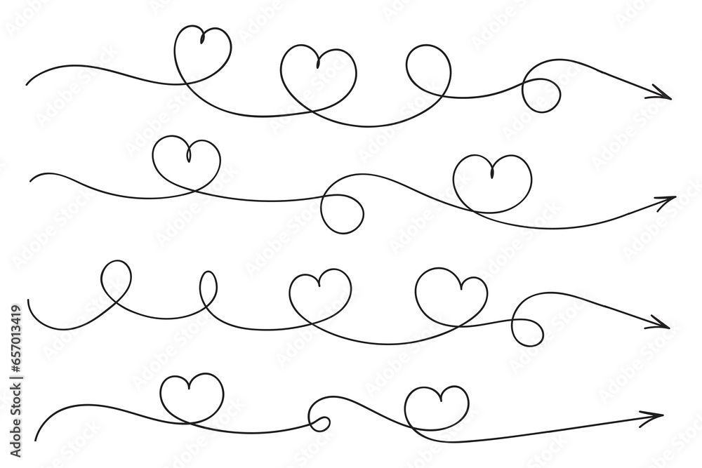 Hand drawn Thin continuous line lovely hearts style curved arrow vector ...