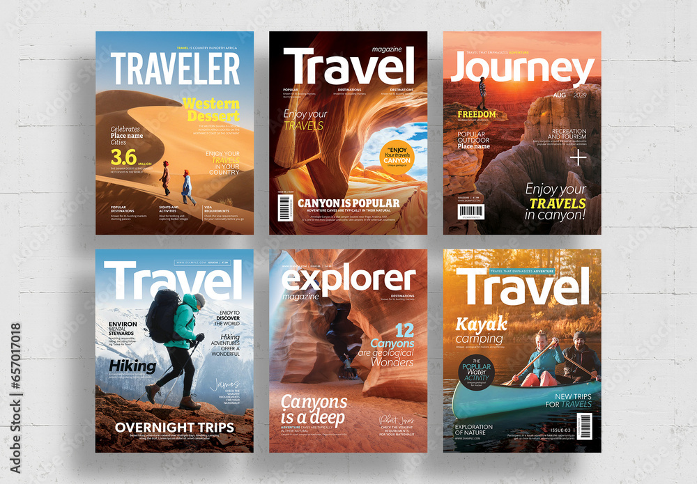Travel Magazine Cover Layout Set Stock Template | Adobe Stock