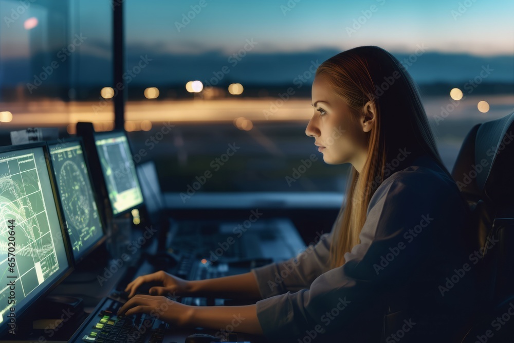Woman air traffic control. Plane airline. Generate Ai Stock Photo ...