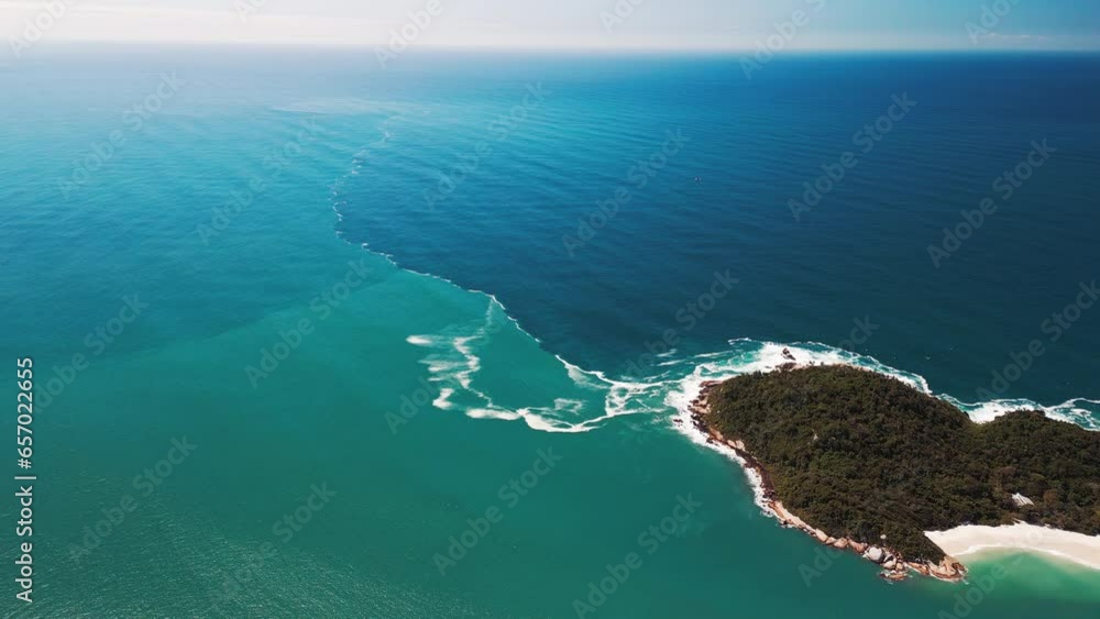 Boundary zone in the Atlantic Ocean near the island. Aerial view of the ...