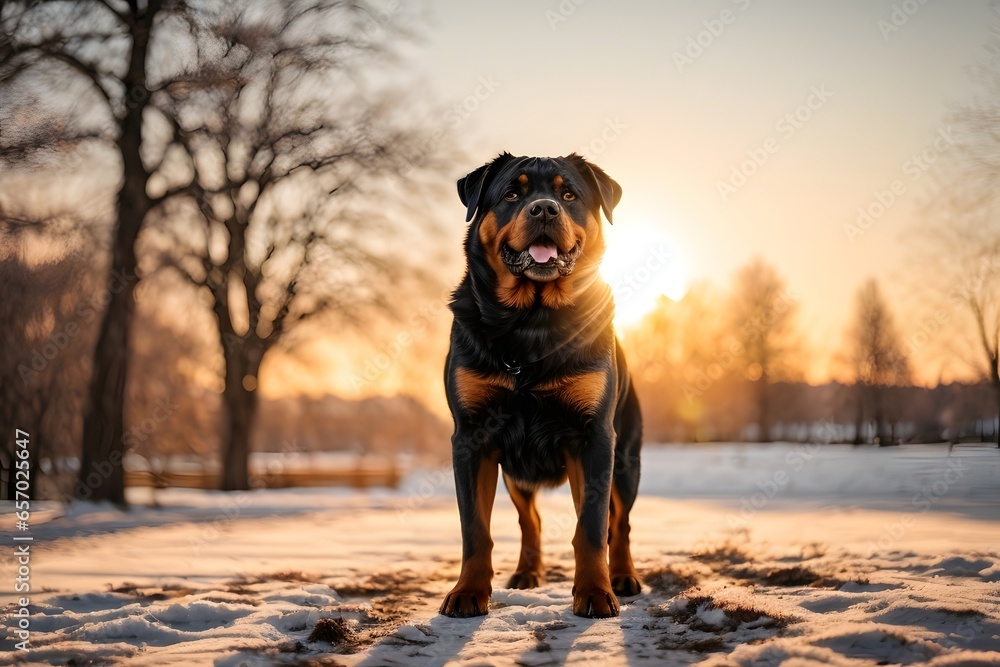 Rottweiler outdoors in a park in winter snowy season during late winter ...
