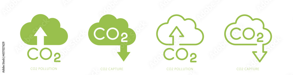 CO2 gas Reduction icon set in green color. Zero Carbon Emission concept ...