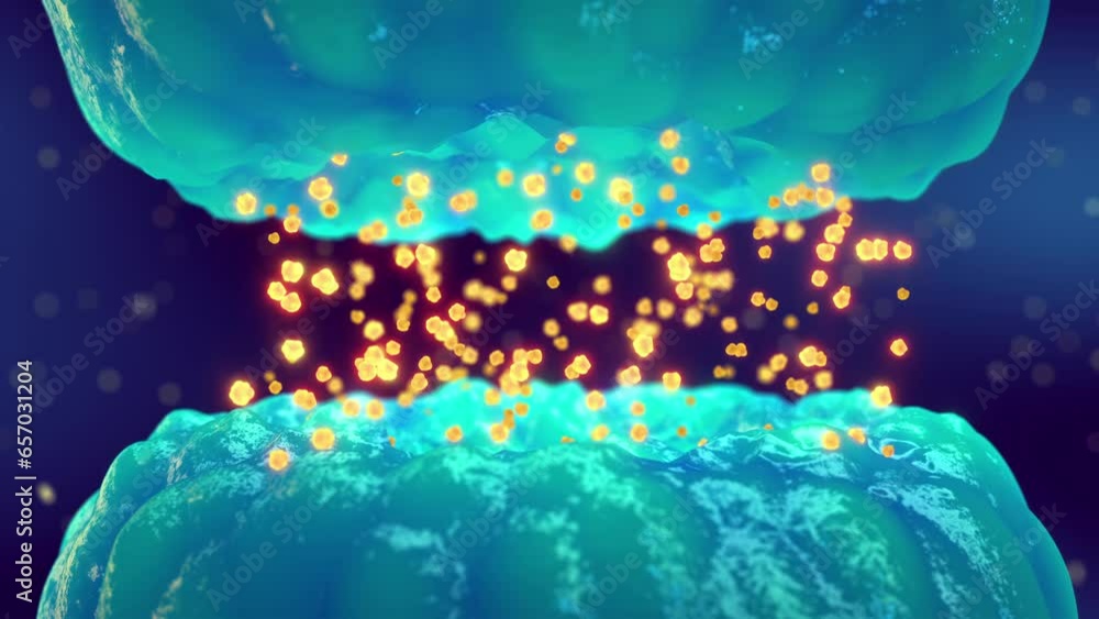 Animation of synaptic transmission between nerve cells (neurons). The ...