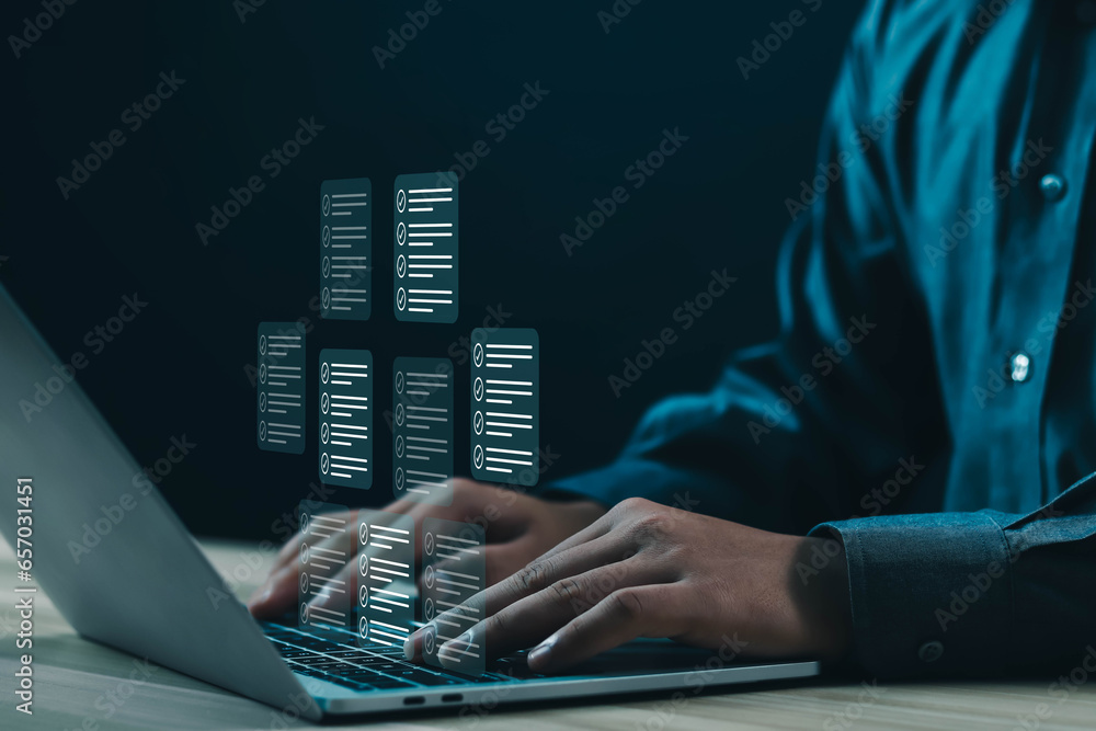 Businessman showing check mark summarizing job Compile lists, votes ...