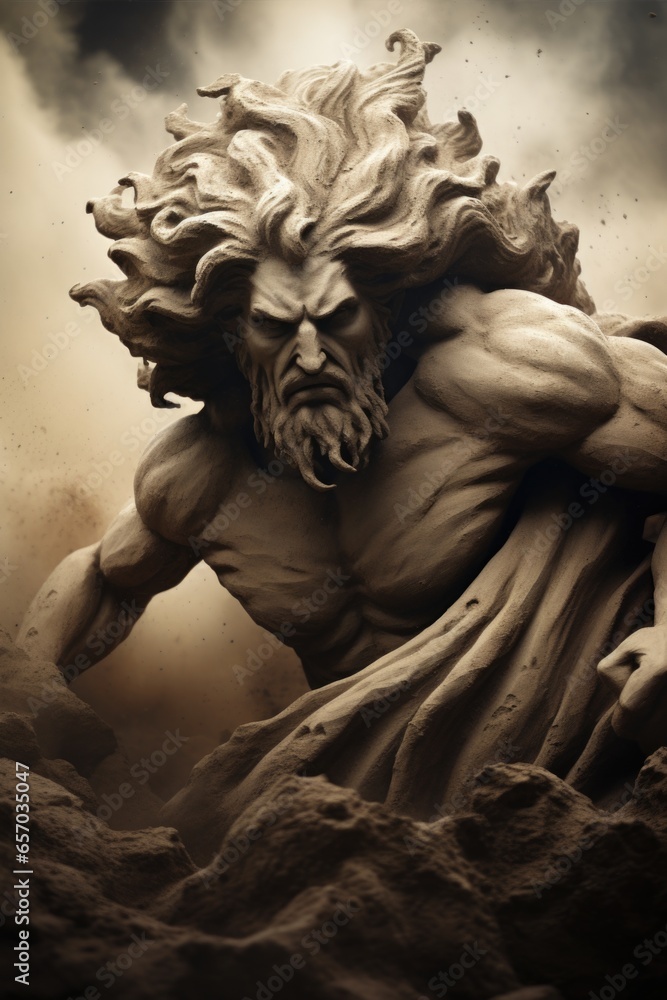 Imaginary hulking giant sandstone Greek god titan stirring up a sand ...
