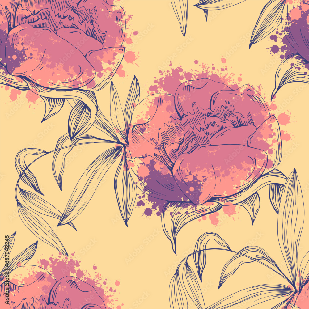 Seamless boho floral pattern with peony flowers. Retro collage pattern ...