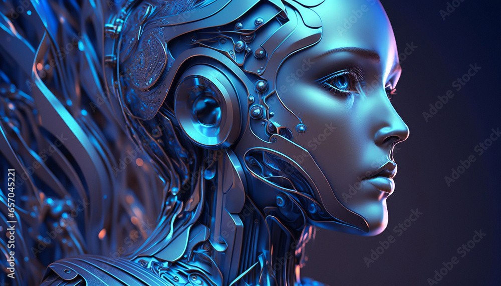 Woman futuristic closeup portrait, profile. Female bot face on dark ...